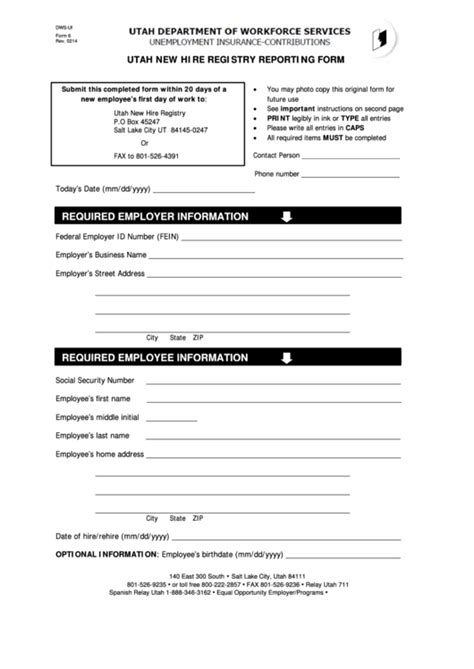 Fillable Dws Ui Form 6 Utah New Hire Registry Reporting Printable Pdf Download