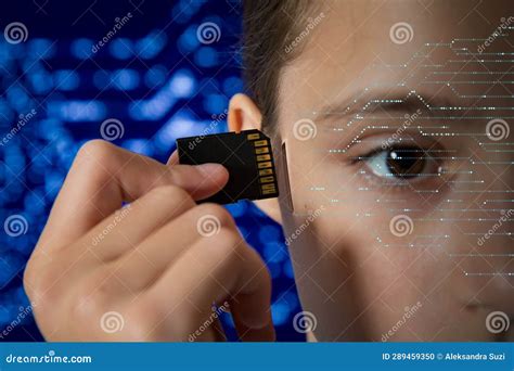 Teenage Girl Inserting SD Memory Card Into Slot In Her Head Stock Photo Image Of Networking
