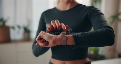 Hands Woman And Home With Digital Watch On Checking Or Tracking Health Progress Female Person
