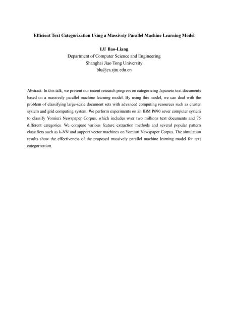 Efficient Text Categorization Using A Massively Parallel Doc Computing Technology