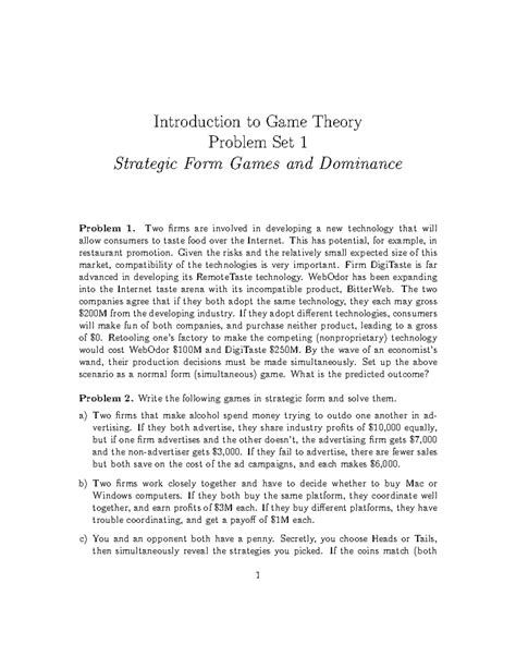 Problem Set 1 Introduction To Game Theory Problem Set 1 Strategic