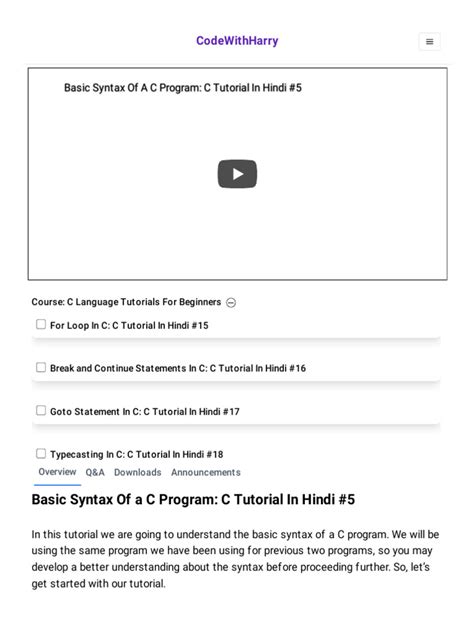 Basic Syntax Of A C Program C Tutorial In Hindi 5 Codewithharry