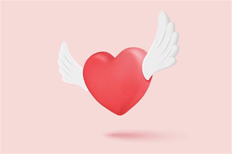 3d 로맨틱 발렌타인 데이 구성 발렌타인 데이 축제 장식 개체 날개가 있는 하트 모양은 전단지 하트 및 사랑 이모티콘 아이콘 느낌입니다 3d 로맨스 아이콘 벡터 렌더링 그림