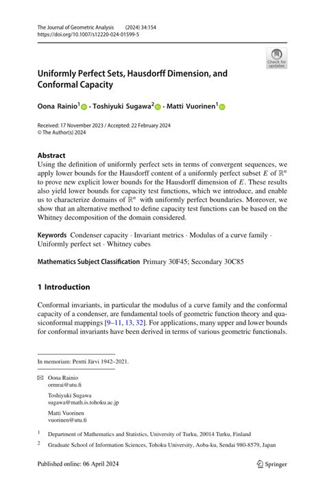 Pdf Uniformly Perfect Sets Hausdorff Dimension And Conformal Capacity