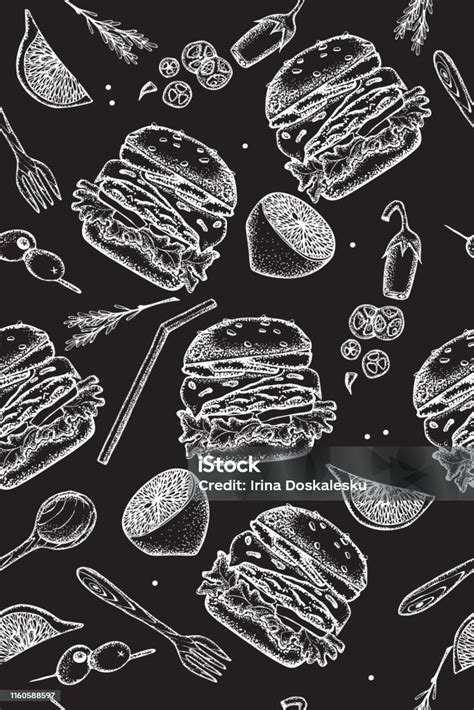 손으로 그린 패스트 푸드 세트입니다 피자 햄버거 타코 햄버거 도넛 핫도그 감자 튀김 배너 표지판에 대한 스톡 벡터 아트 및 기타