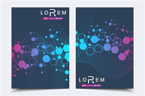 브로셔 잡지 전단지 전단지 표지 책자 연례 보고서에 대한 벡터 템플릿 입자 의료 기술 화학 과학을위한 분자 구조와 현대 미래의 육각 형 패턴 Dna에 대한 스톡 벡터 아트