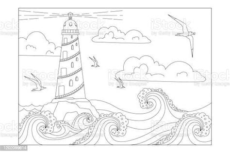 어린이를위한 착색 시트 등대 바다 파도와 갈매기와 풍경 포스터 벡터 컬러링 북 페이지 일러스트레이션 기법에 대한 스톡 벡터 아트
