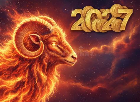 Red Fire Goat With Gold Coins And Number 2027 Chinese Zodiac Year Of