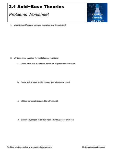 Step Up 2 1 Acid Base Theories Problems Worksheet Pdf Acid Materials