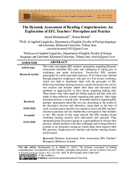 Pdf The Dynamic Assessment Of Reading Comprehension An Exploration Of Efl Teachers