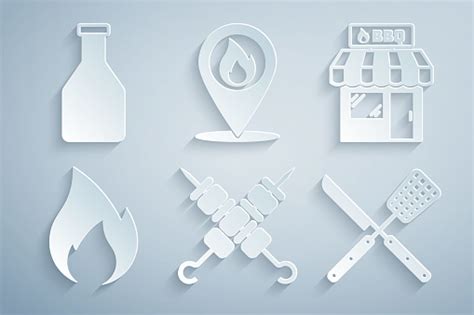 세트 구운 시시 케밥 바베큐 쇼핑 건물 화재 불꽃 교차 나이프와 주걱 화재 및 케첩 병 아이콘이있는 위치 벡터 3차원 형태에 대한 스톡 벡터 아트 및 기타 이미지 Istock