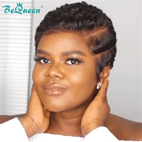 Bequeen 1b Pixie Cut Side Part Water Wave 100 Human Hair Full Lace Wi