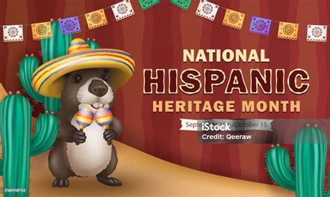 국가 히스패닉 유산의 달 만화 배너 Papel Picado와 귀여운 3d Capybara 솜브레로에서 선인장 사이에 마라카스를