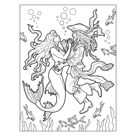 Раскраска Русалка и капитан Джек Воробей распечатать или скачать