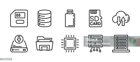 스토리지 기술 얇은 선 아이콘 세트 메모리 카드 빅 데이터 서버 플래시 디스크 클라우드 컴퓨팅 칩 하드 디스크 드라이브 데이터베이스 폴더를 포함합니다 벡터 일러스트 레이 션
