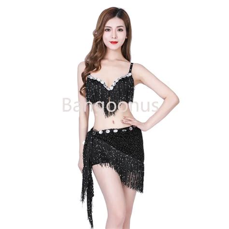 Woman Black 2pcs Outfit Set Belly Dance Fusion Latin Dance Style Samba