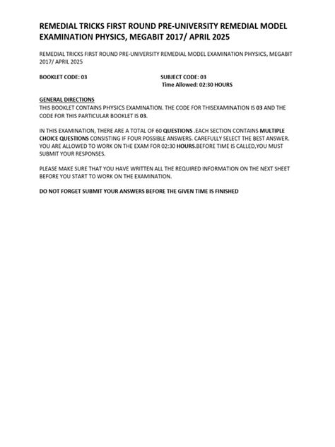 2017 Physics First Round Pre University Remedial Model Examination Pdf Acceleration Force