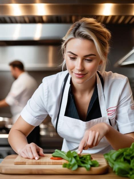 Joven Atractiva Profesional Mujer Chef En La Despensa Del Restaurante