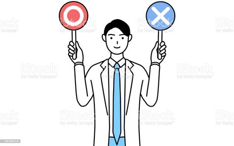 정답과 오답을 나타내는 막대기를 들고 흰 코트를 입은 남자 의사 삼목 두기에 대한 스톡 벡터 아트 및 기타 이미지 삼목 두기