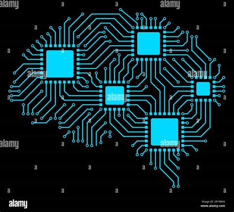 Circuit Board With Human Brain With Four Microchip Blue Artificial Intelligence Concept Stock