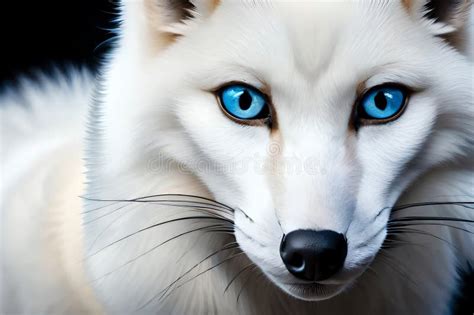 White Arctic Fox With Blue Eyes Portrait On Black Background Image