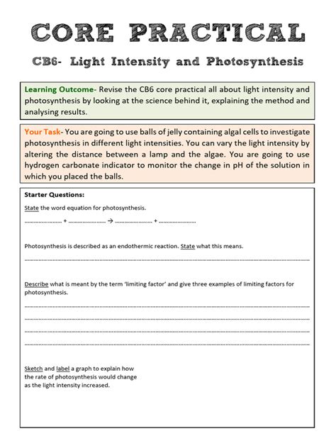 Core Practical Revision Booklet Cb6 Photosynthesis And Light Intensity