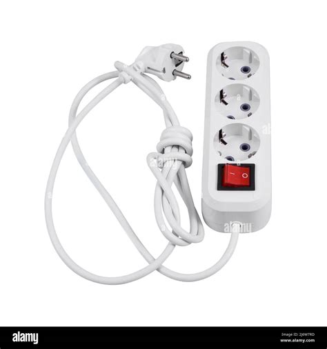 White Electrical Extension Cord With Red Button To Three Sockets Isolated On White Background