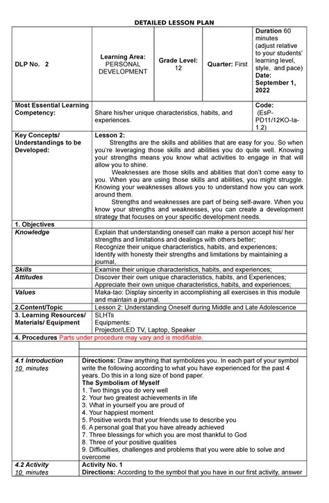 dlp 2 a sample dlp for perdev 12 detailed lesson plan dlp no 2