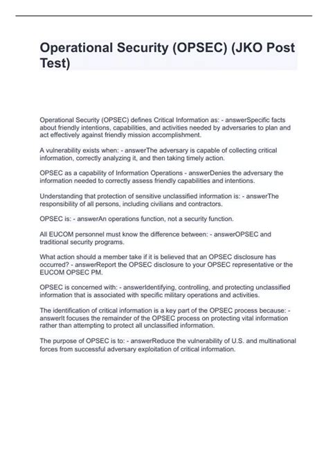 Operational Security Opsec Jko Post Test Questions And Answers 100 Correct 2024 Jko