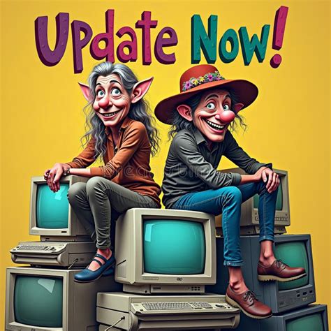 Computer Cartoon Sign New System Critical Important Update Software