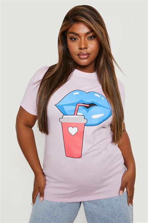 Womens Purple Plus Lips Drink Print Oversized T Shirt Boohoo Uk