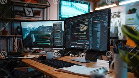Software Developer Working On Code In Dual Monitor Setup Aig41 Stock Image Image Of Backend