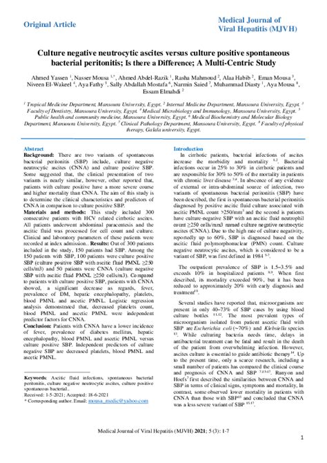 Pdf Culture Negative Neutrocytic Ascites Versus Culture Positive Spontaneous Bacterial