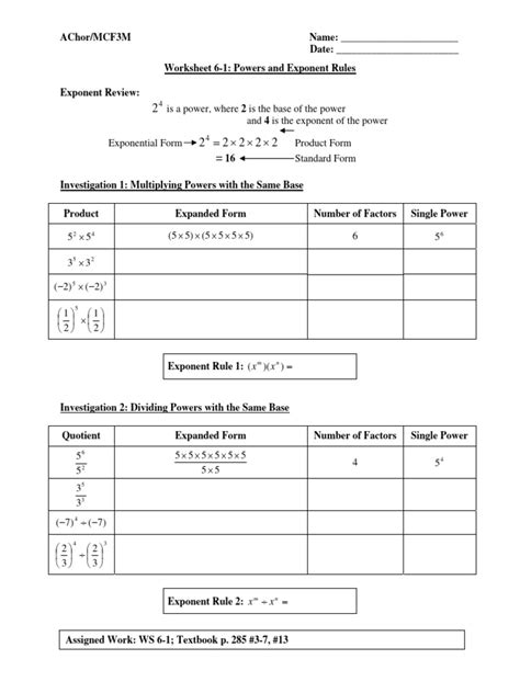 Ws6 1 Exponent Rules Pdf Exponentiation Mathematics
