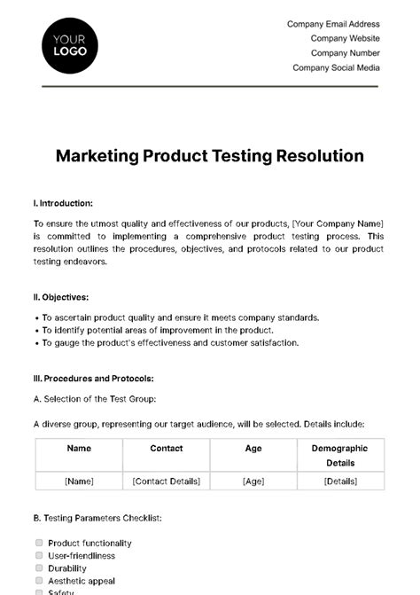 Free Marketing Product Testing Resolution Template To Edit Online