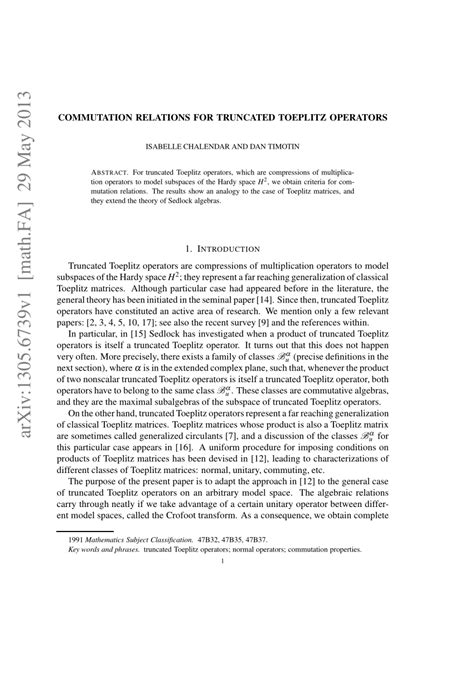 Pdf Commutation Relations For Truncated Toeplitz Operators