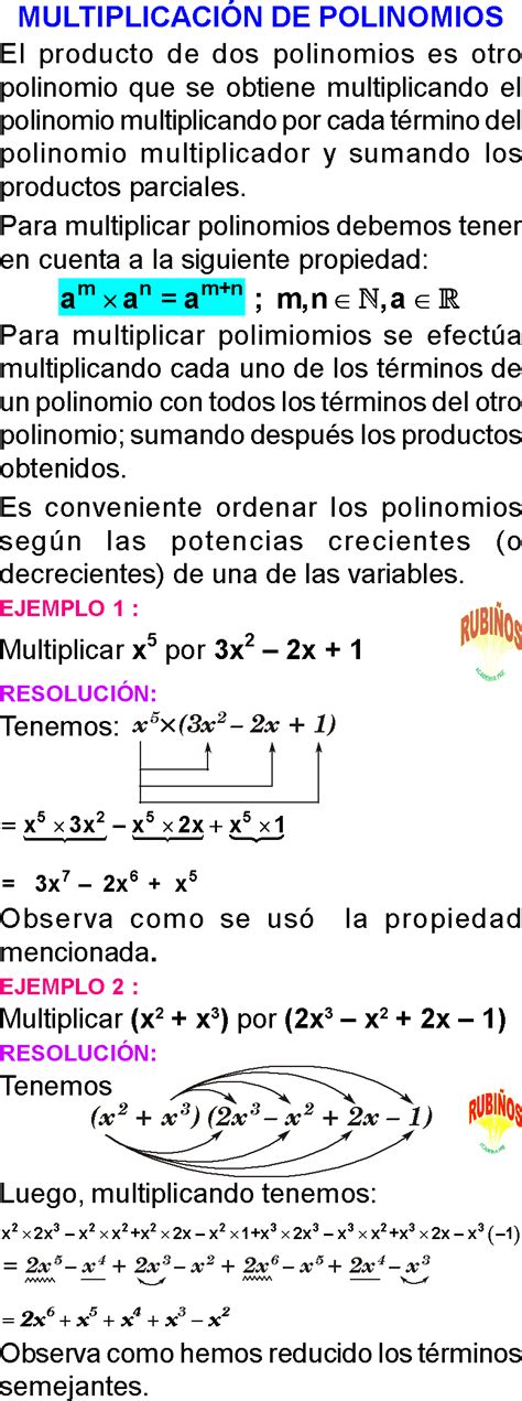 MULTIPLICACIÓN DE POLINOMIOS EJEMPLOS Y EJERCICIOS RESUELTOS PDF