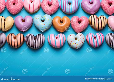 A Lot Of Colorful Heart Shaped Donuts With Delicious Fillings Lie