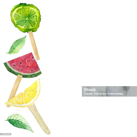 수채화 손으로 그린 과일 아이스크림 테두리 라임 박 레몬과 민트 잎 텍스트에 대 한 공간 공휴일에 대한 스톡 벡터 아트 및 기타 이미지 Istock