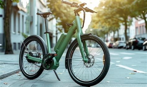 A Green Bike With A Black Seat Is Parked On The Street Premium Ai