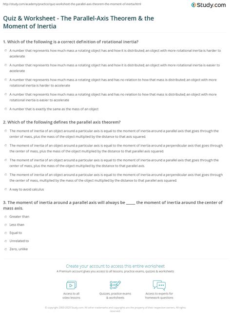 Quiz And Worksheet The Parallel Axis Theorem And The Moment Of Inertia