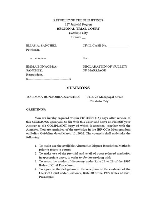 Sample Summons Pdf