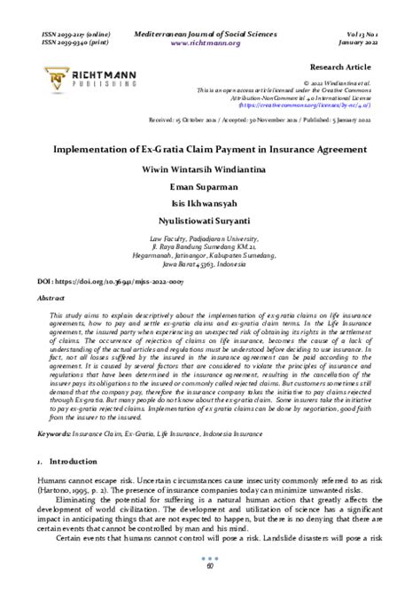 Pdf Implementation Of Ex Gratia Claim Payment In Insurance Agreement