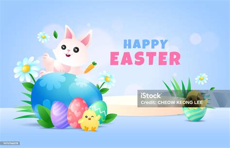파란색 배경에 계란 토끼 병아리 연단이 있는 행복한 부활절 배경 강단에 대한 스톡 벡터 아트 및 기타 이미지 강단 계절 고객 참여 Istock