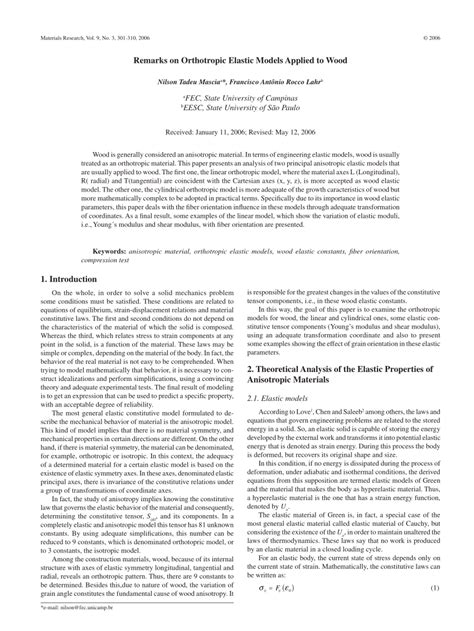 Pdf Remarks On Orthotropic Elastic Models Applied To Wood