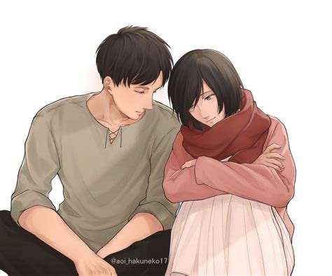 エレン・イェーガー 進撃の巨人 ミカサ・アッカーマン 進撃の巨人 「 Eremika 」 ☃️ Hnk。🧣 ️️🤍のイラスト
