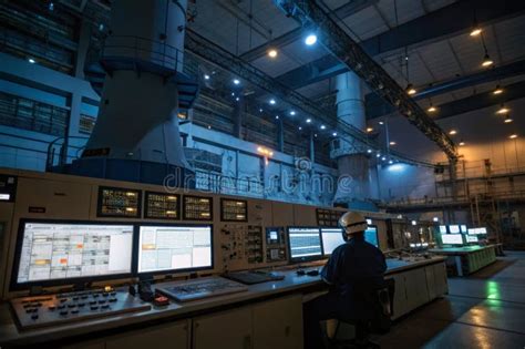 Operator Monitors Control Panels In Modern Industrial Facility During Nighttime Stock