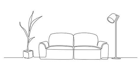 소파와 바닥 램프와 화분에 심은 식물의 연속 한 줄 그리기 로프트 아파트의 거실 인테리어 심플한 리니어 스타일의 현대적인 가구
