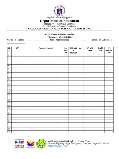 Nutritional Status Template Pdf