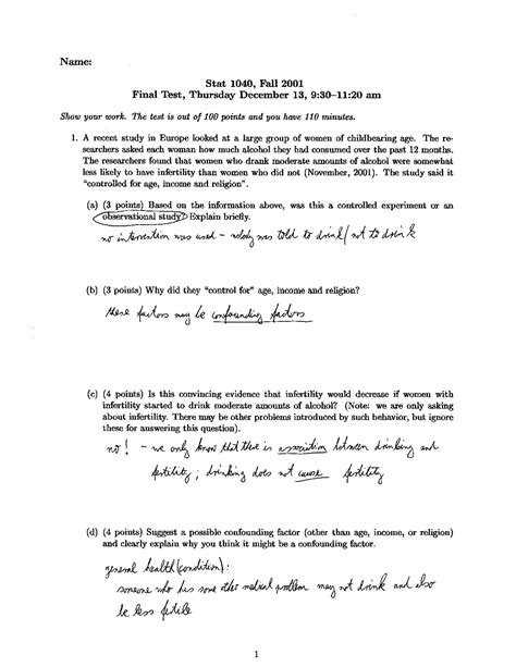 Final Test Solutions Introduction To Statistics Fall 2001 Stat
